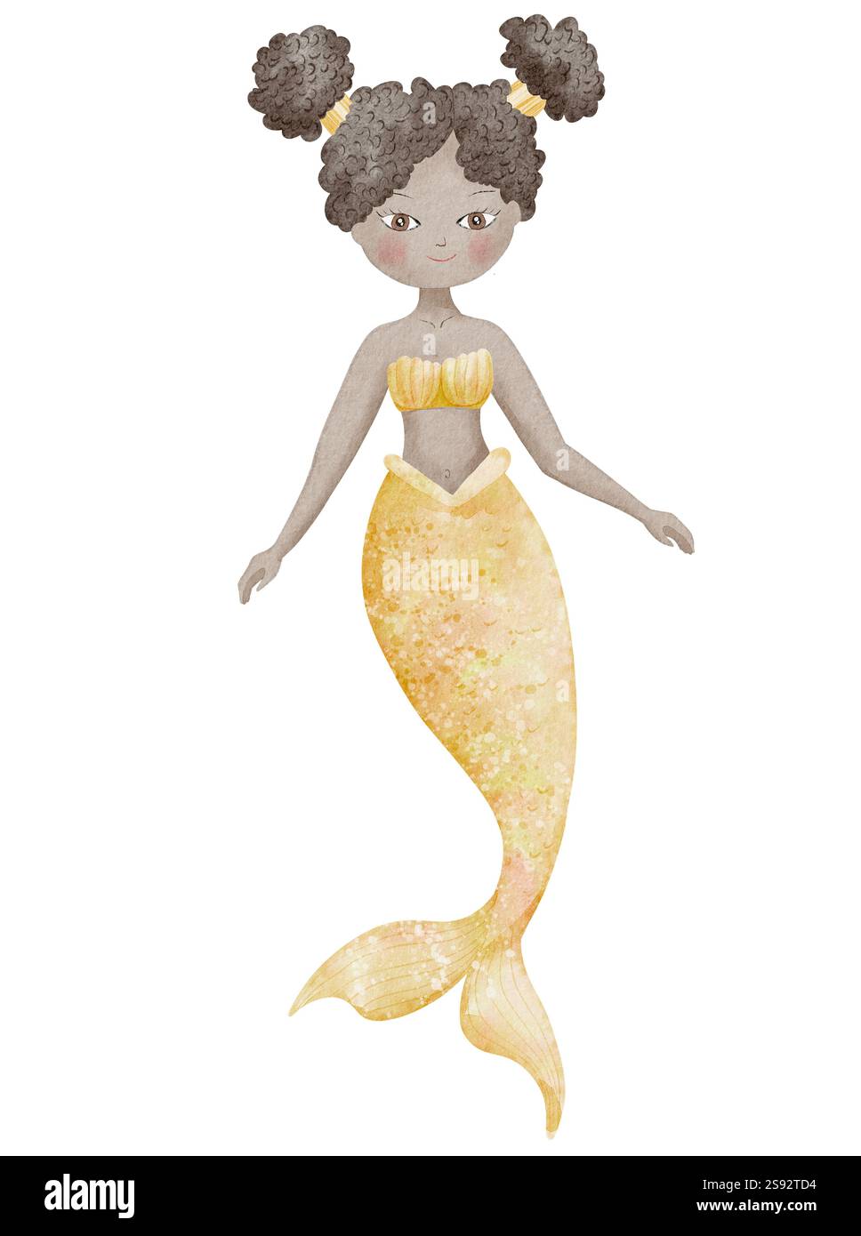 Watercolor illustration of dark skinned Mermaid with golden yellow tail ...