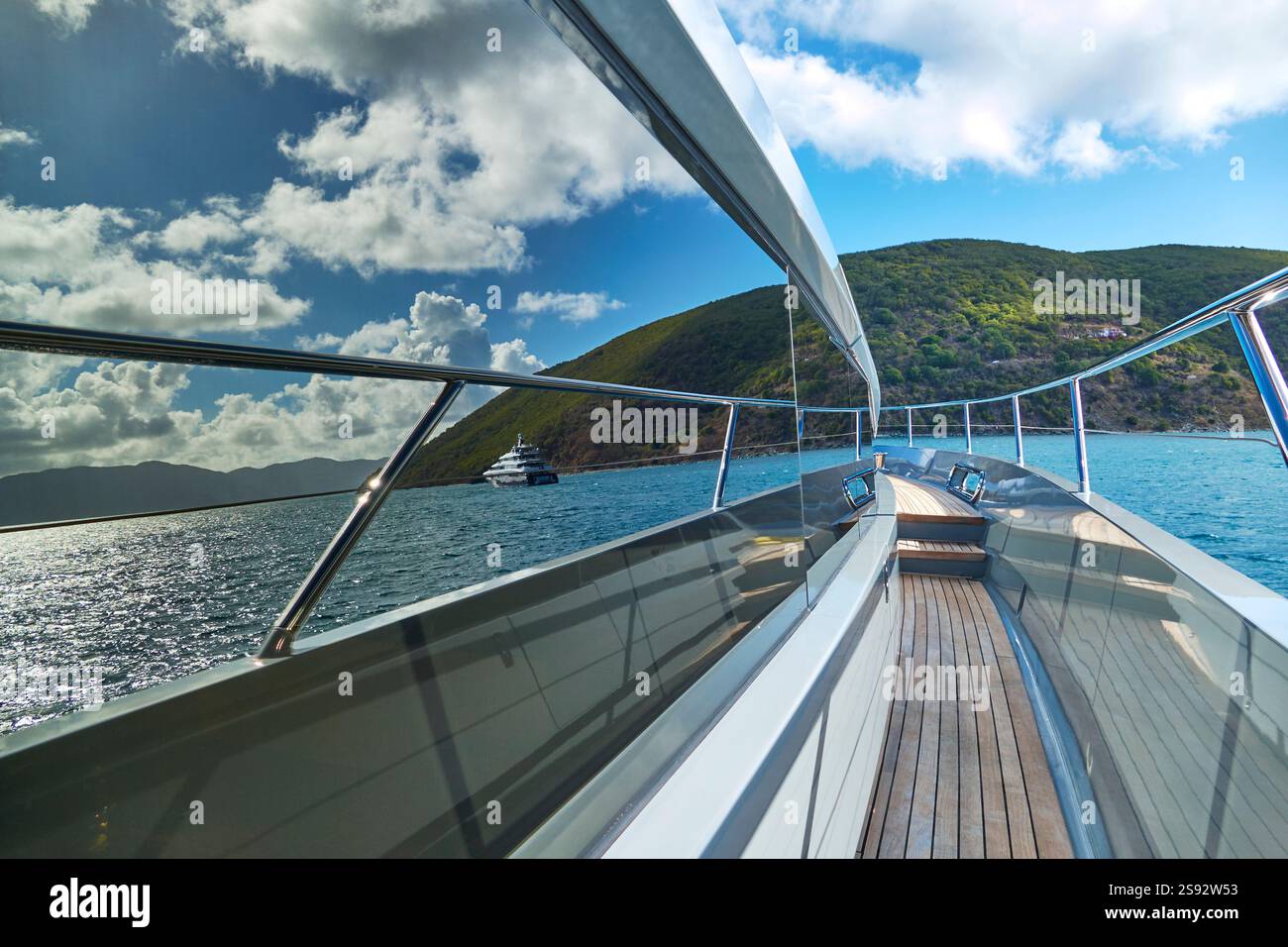 Scenic View and Reflection from a Modern Yacht Cruising Along a ...
