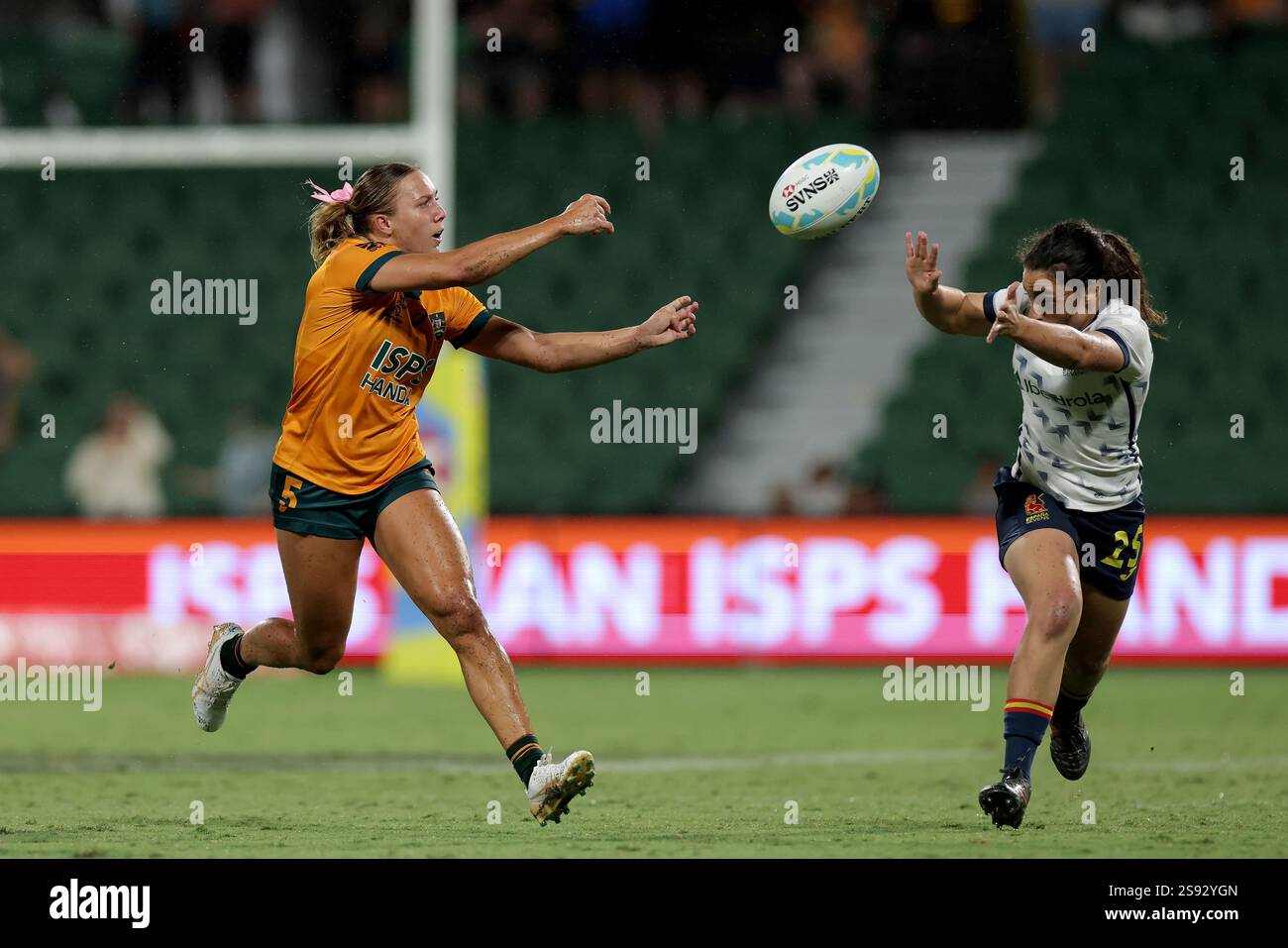 Teagan Levi of Australia passes the ball against Spain during the Rugby ...