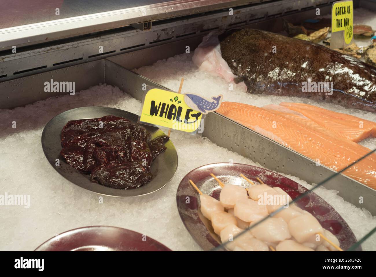Whale meat on sale in Bergen Harbour market Norway Stock Photo - Alamy