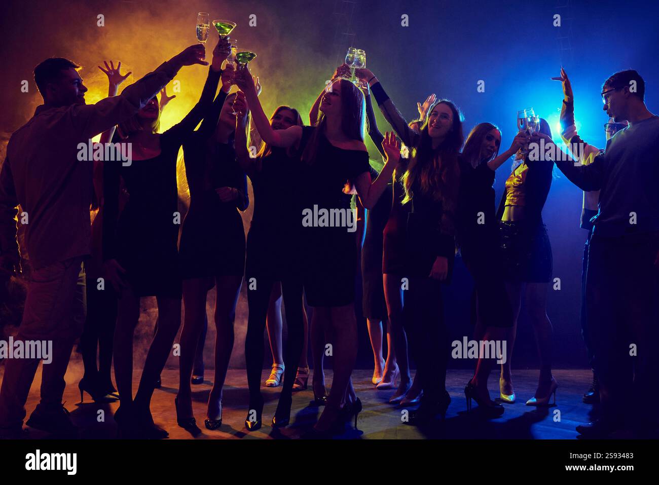 Group of young people, boys and girls, students have fun in nightclub ...