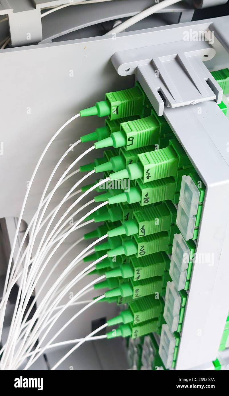 Fiber optic cables connecting to a server in a data center, ensuring high speed data ...