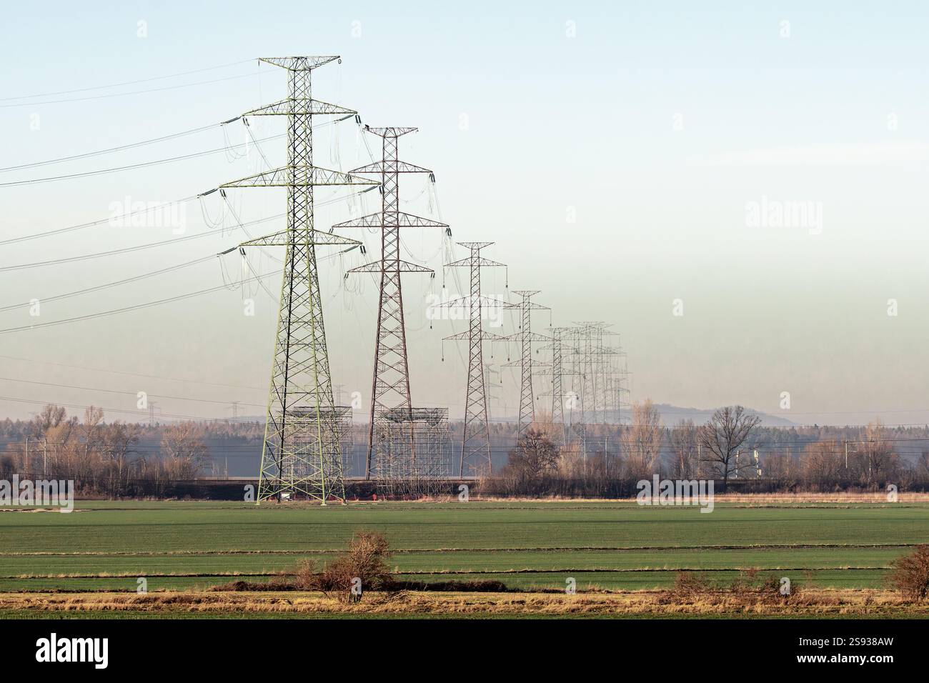 Electricity transmission towers. Energy infrastructure concept. High ...