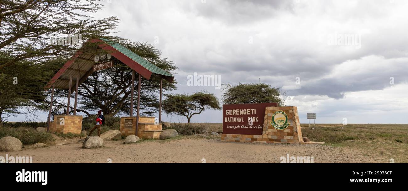 Serengeti, Tanzania - November 20, 2024: Entrance gate and sign to ...