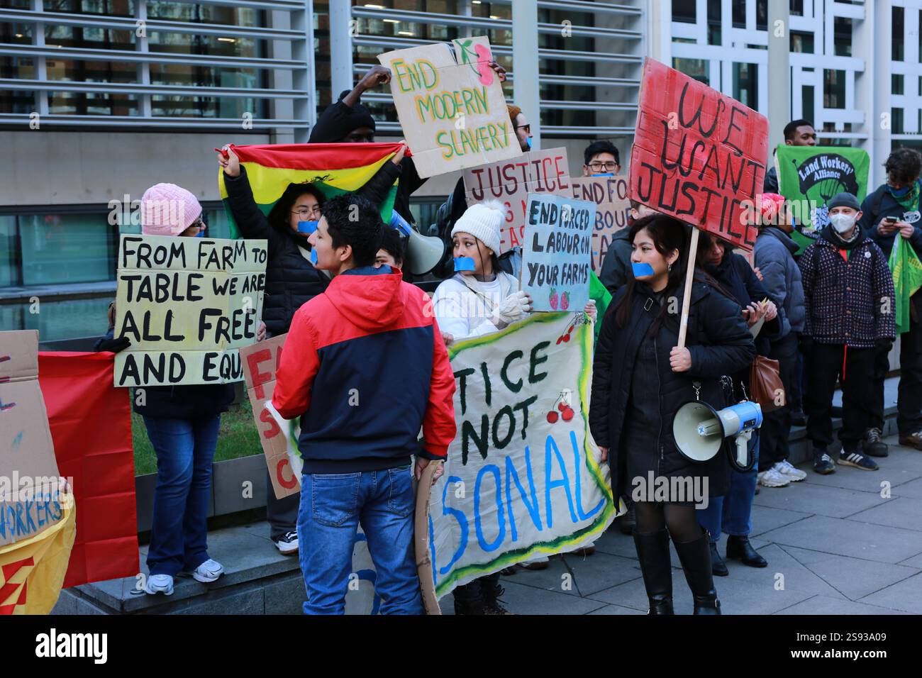 London, UK. 24 January 2025. Migrant farmworkers staged the protest ...