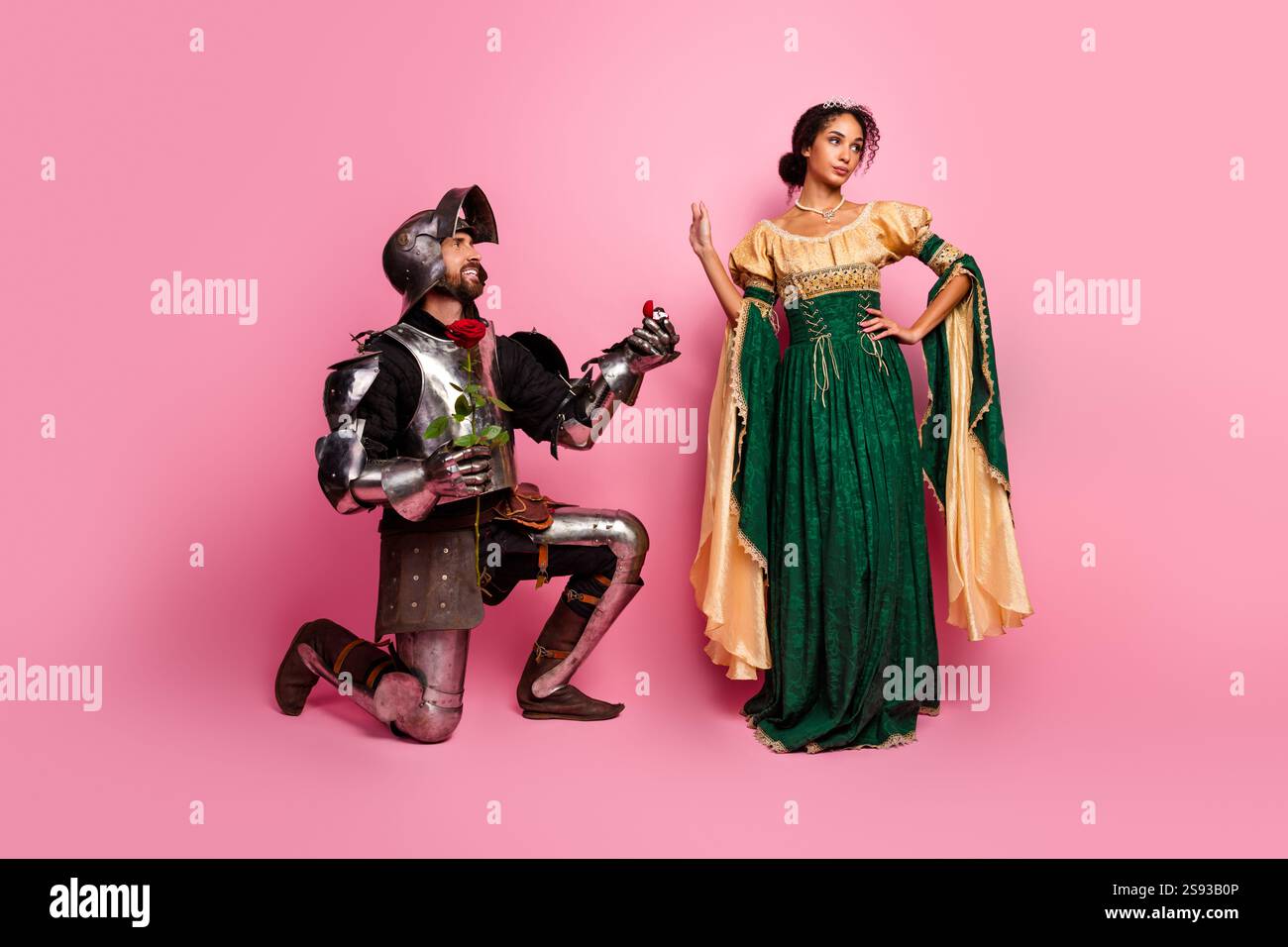 A romantic medieval-themed portrait with a knight kneeling in armor and ...