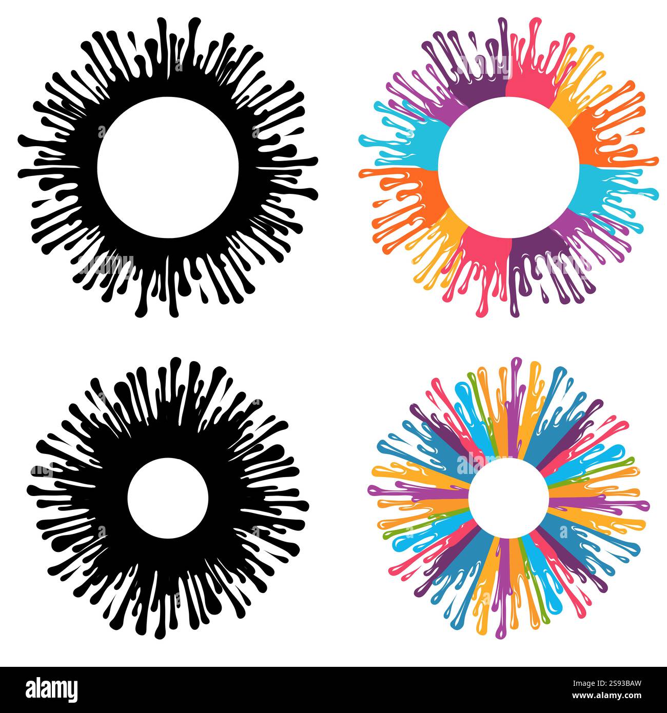 Vector set of circle frames with colorful and monochrome paint drips ...