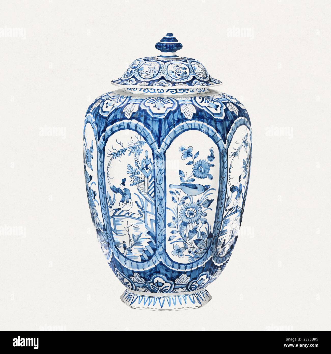 Blue and white porcelain vase on a cream background. Digital drawing ...