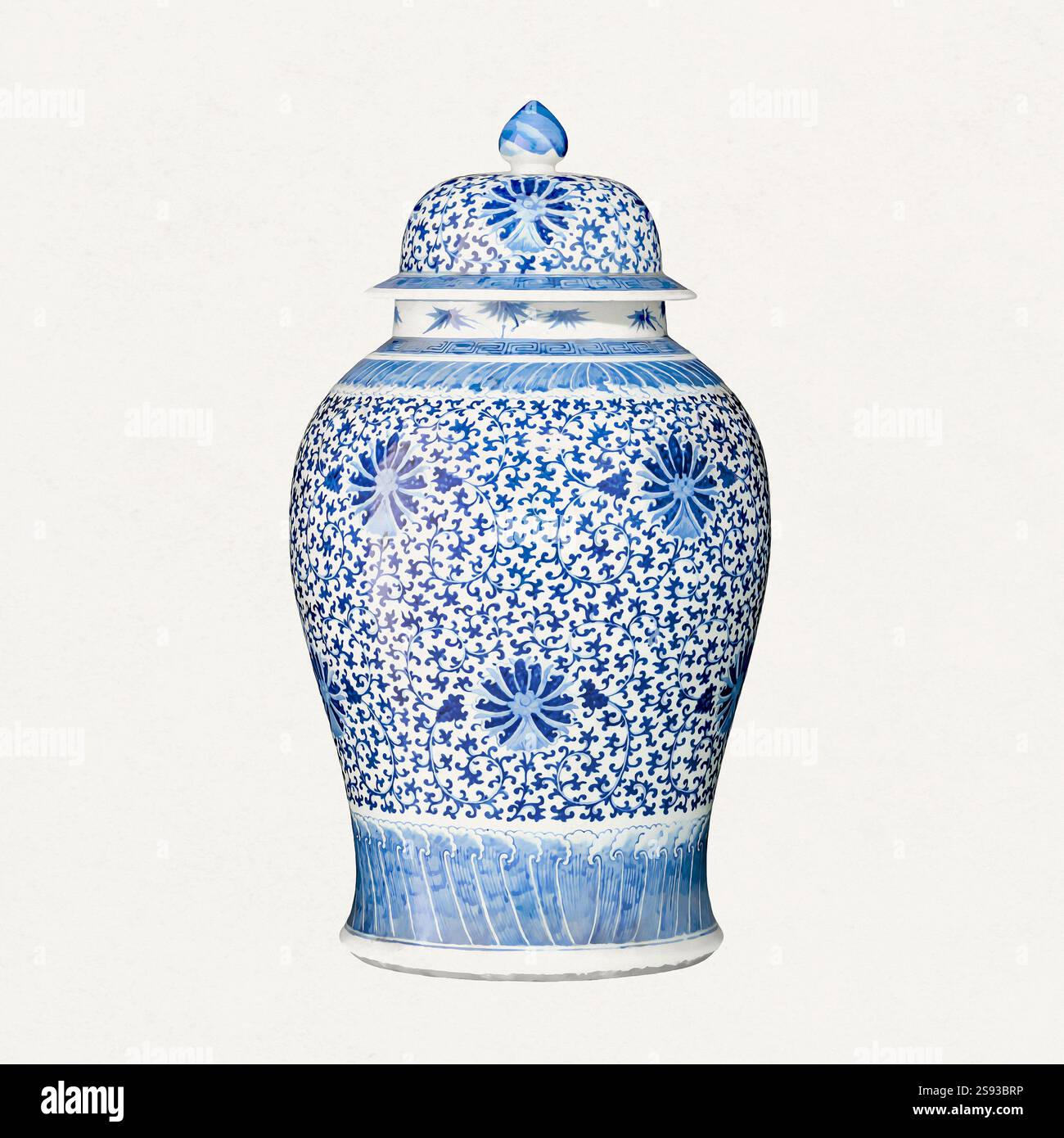 Blue and white porcelain vase on a cream background. Digital drawing ...