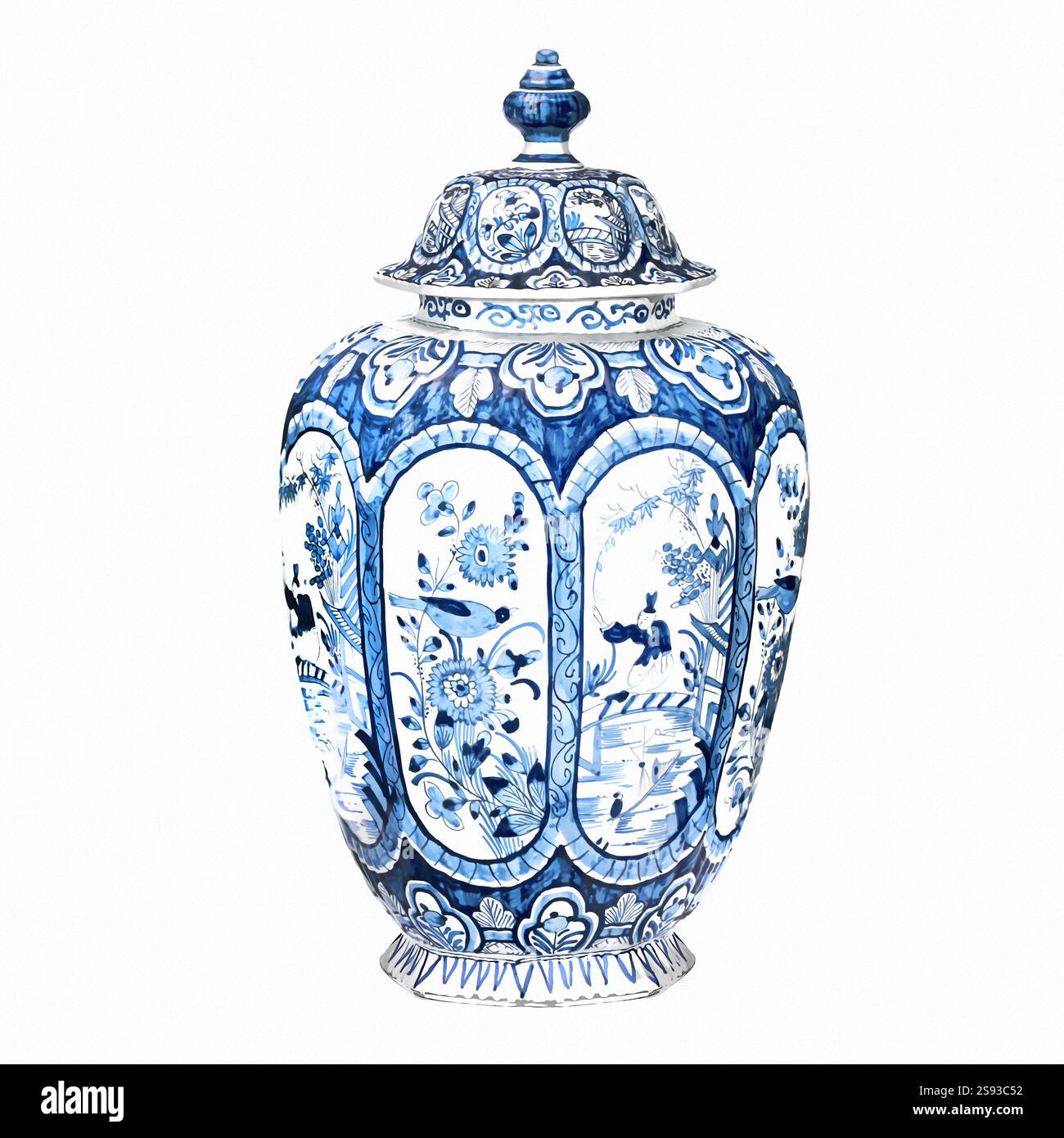 Blue and white porcelain vase on a softly textured white background ...