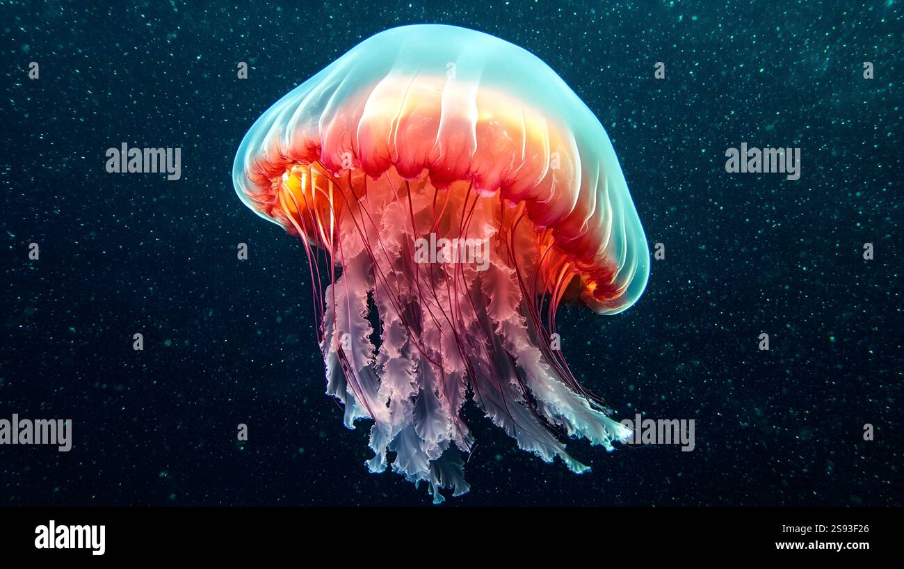 Ethereal jellyfish with vibrant,glowing tentacles drifting in the ...