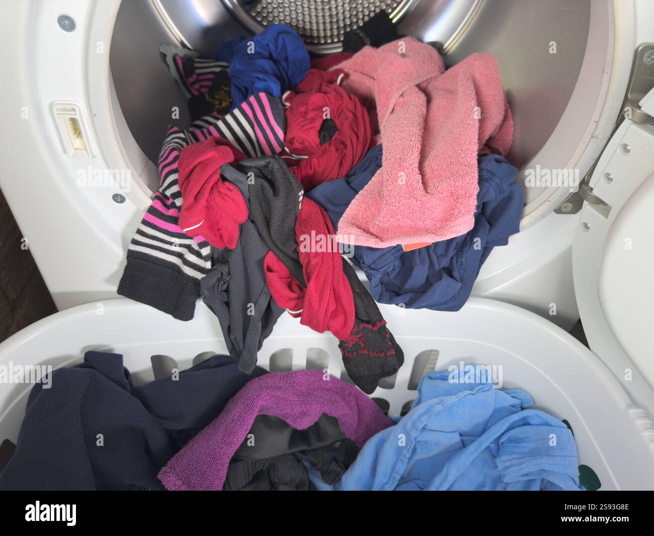 Closeup of a variety of washed and dried clothes spilling out of a ...