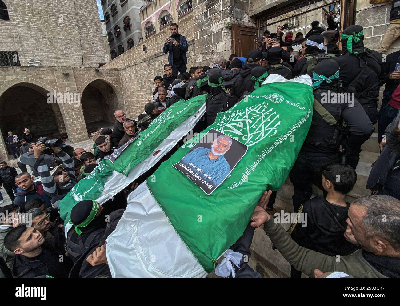 Palestinians attend the funeral of Rawhi Mushtaha, a senior Hamas ...