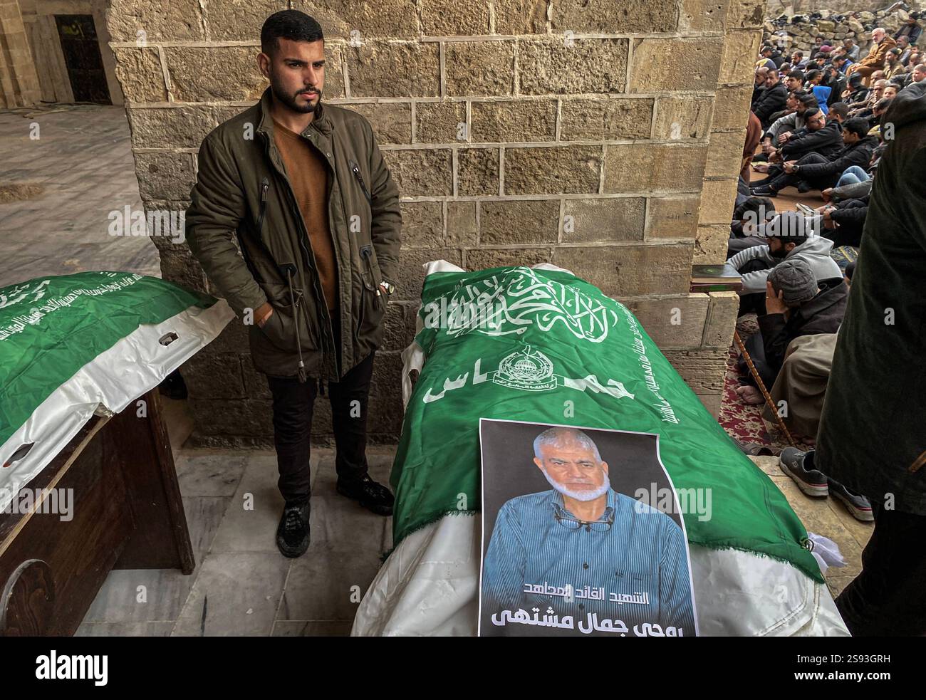 Palestinians attend the funeral of Rawhi Mushtaha, a senior Hamas ...