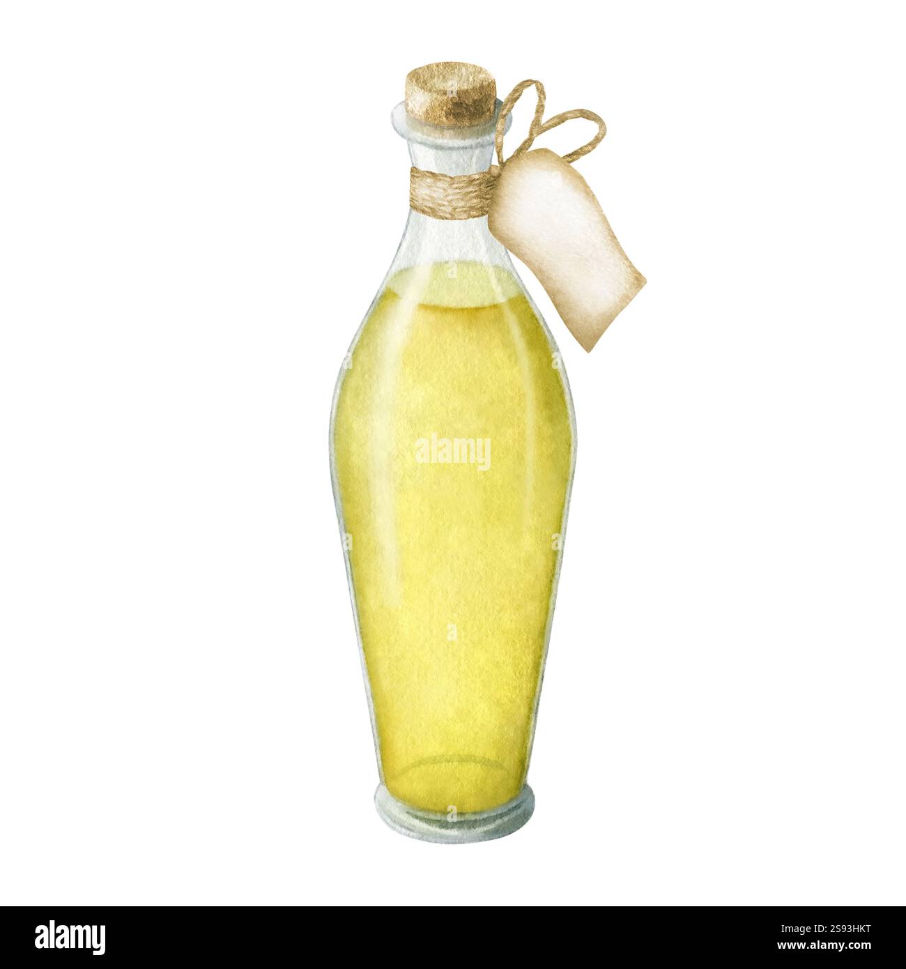Olive oil in glass bottle with cork and label. Hand drawn watercolor ...