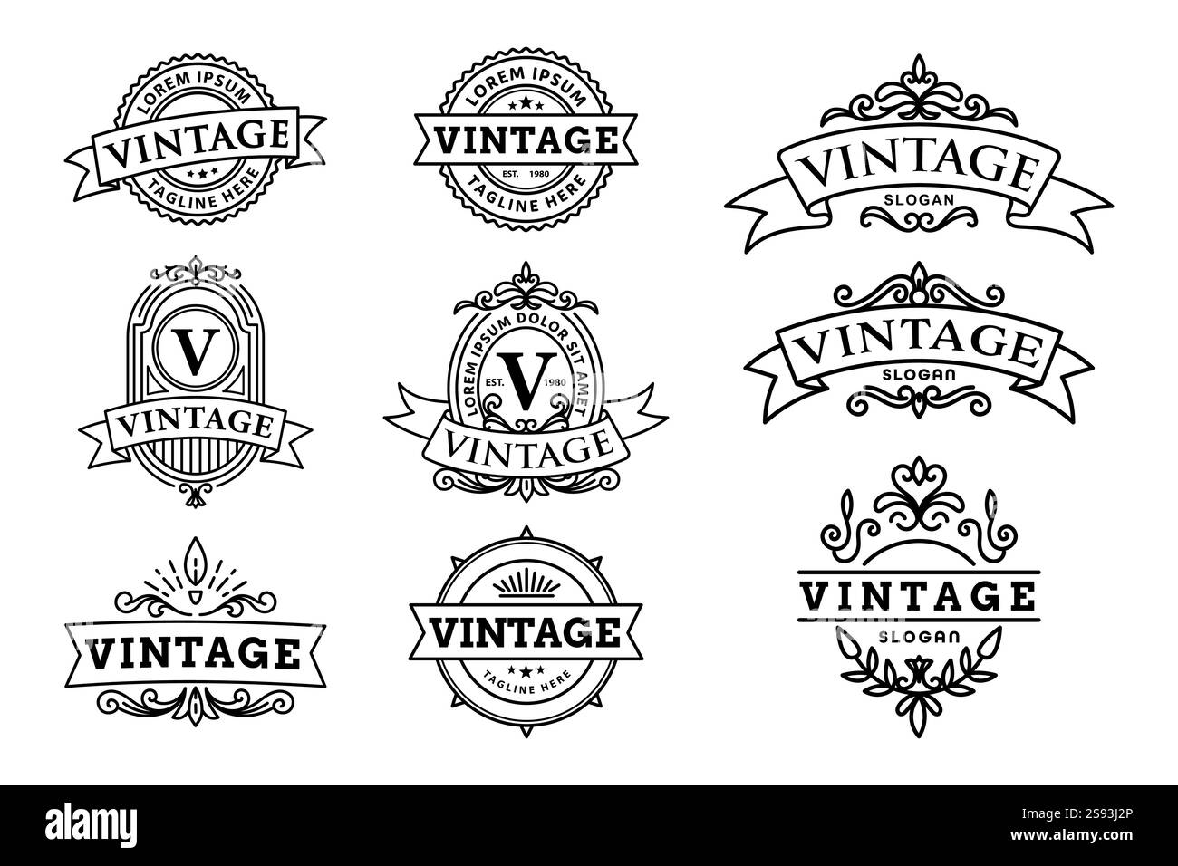 Collection of Vintage Style Logos with Ribbons and Flourish Stock ...