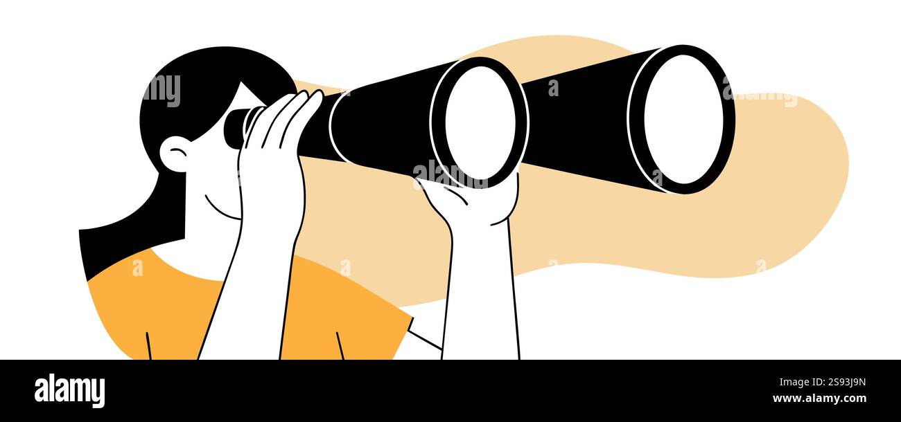 Vector cartoon illustration of a woman looking through a big giant ...