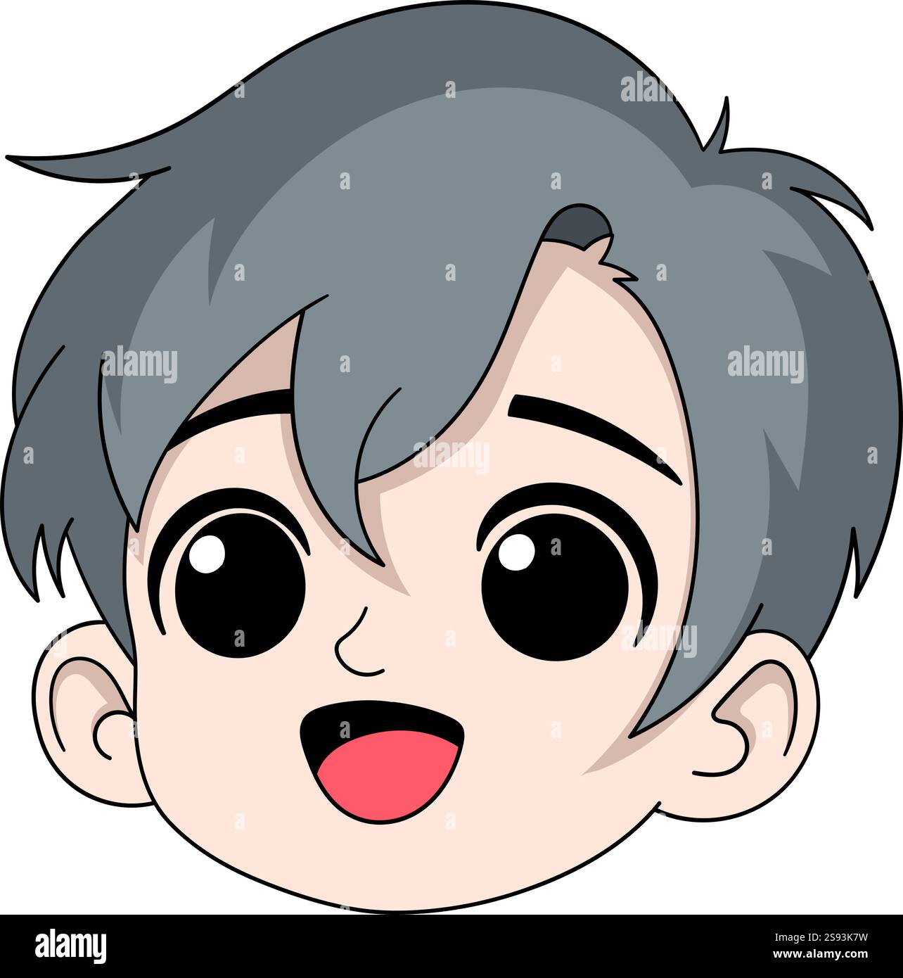 A cheerful cartoon boy face featuring gray hair, large expressive eyes ...