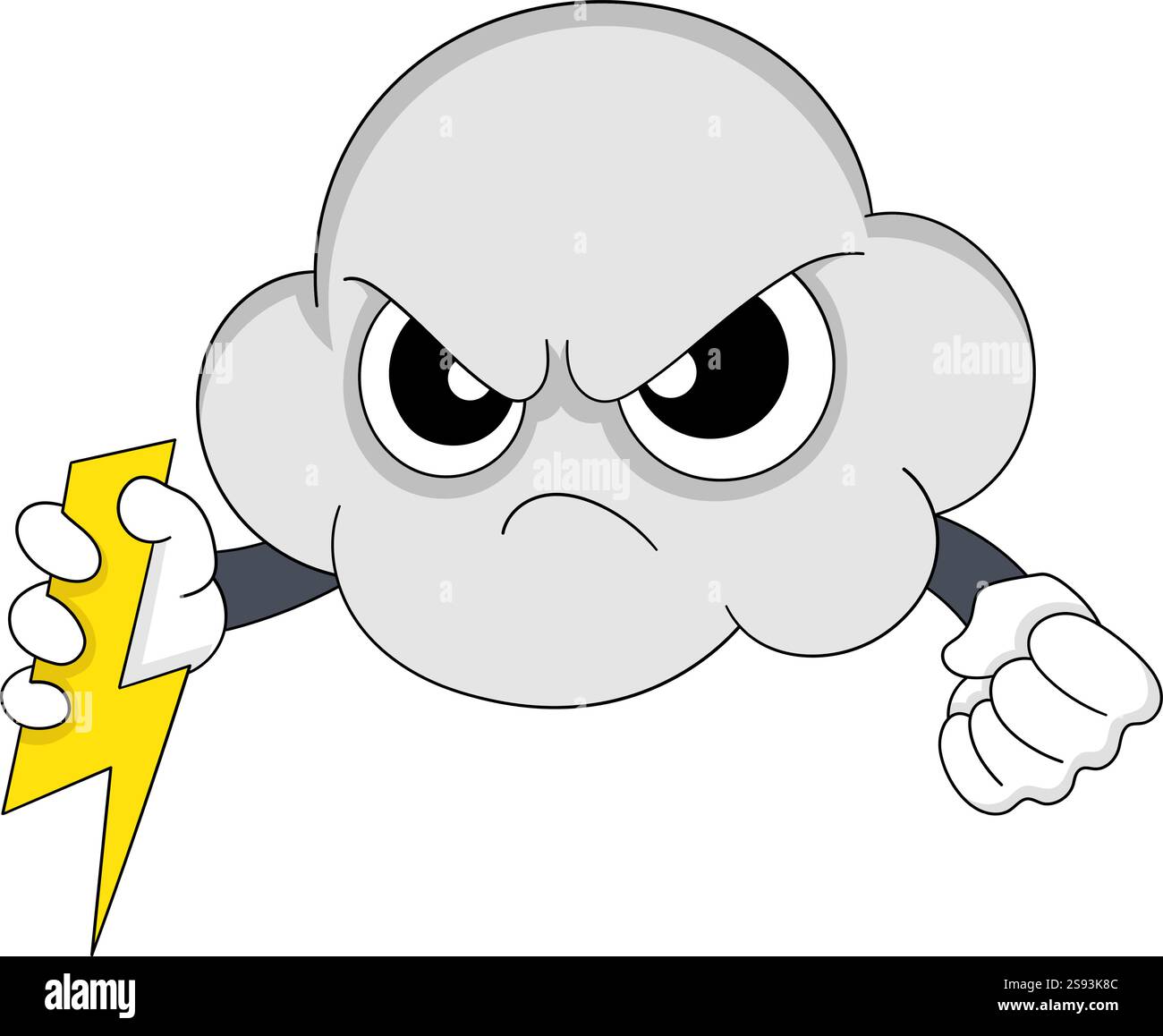 A fierce cartoon illustration of an angry storm cloud gripping a bright yellow lightning bolt ...