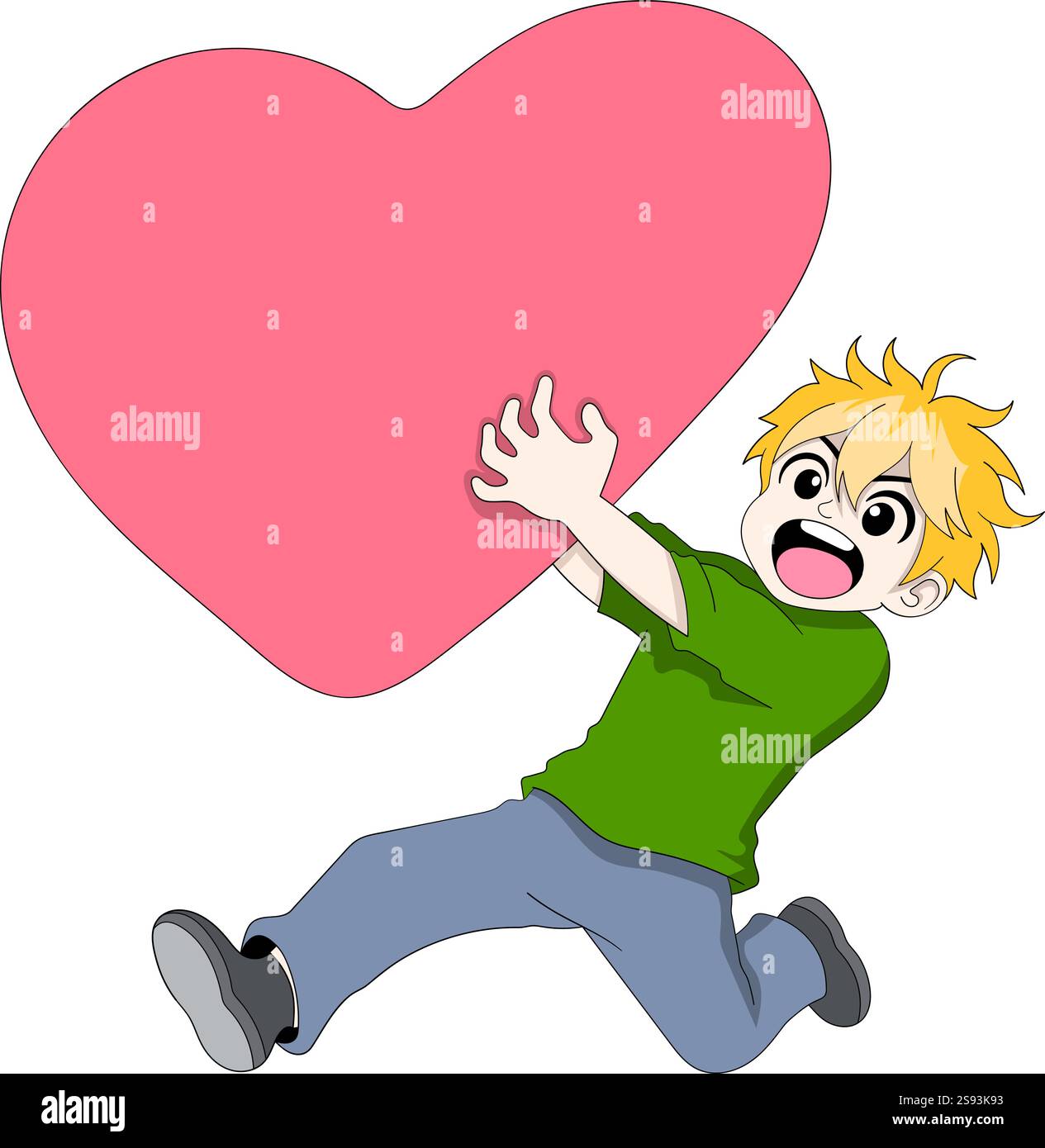 A cheerful cartoon boy with blonde hair wearing a green shirt and blue ...