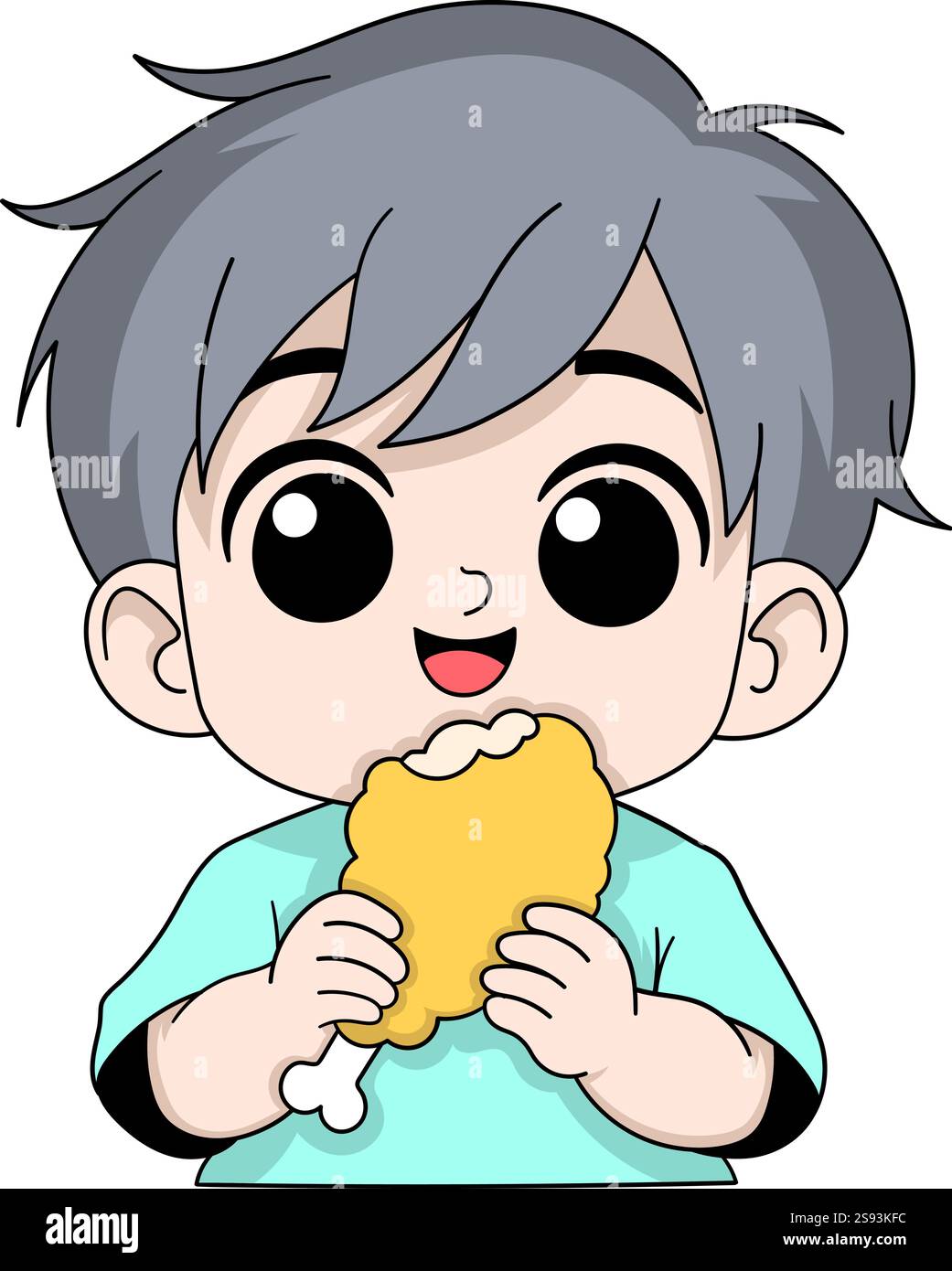A cheerful cartoon boy with gray hair is happily eating a large, crispy ...