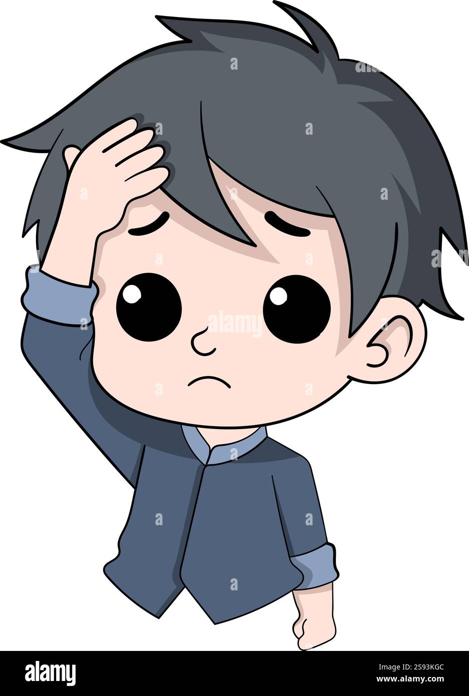 A thoughtful cartoon illustration of a boy touching his forehead as if ...