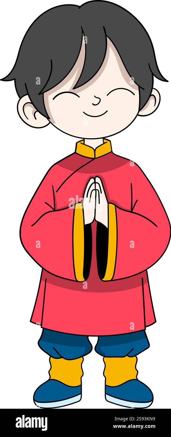 A smiling cartoon boy dressed in a red traditional Chinese outfit with ...