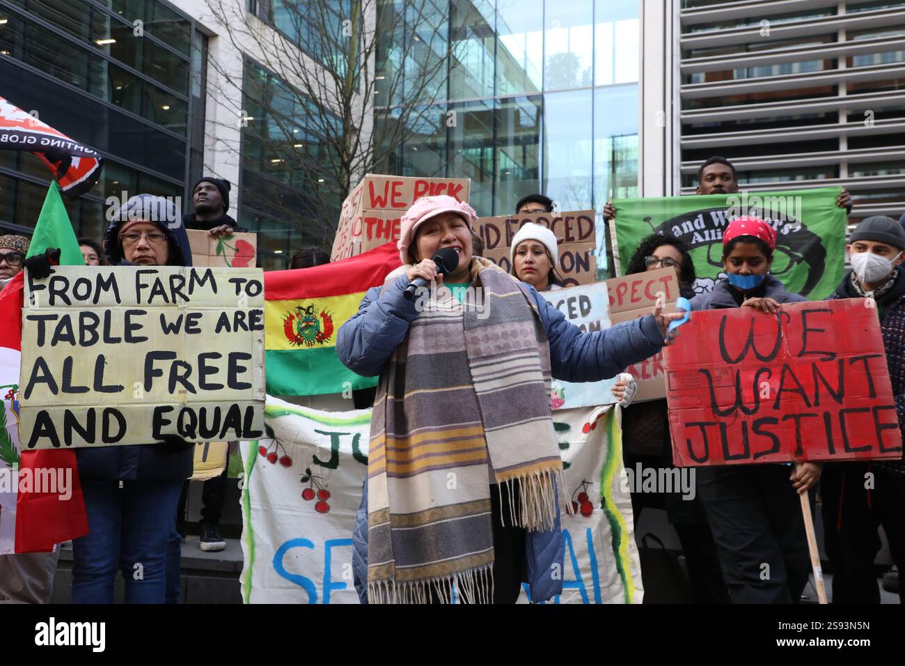 London, England. 24th January 2025. Migrant farm workers protest about ...