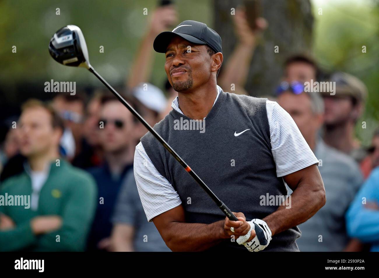 Jul 21, 2018; Carnoustie, Scotland; Tiger Woods plays his shot from the ...