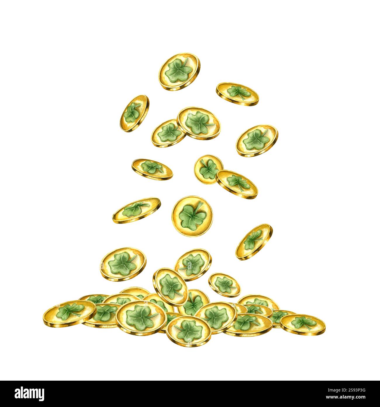 Watercolor falling gold coins in pile illustration isolated background ...
