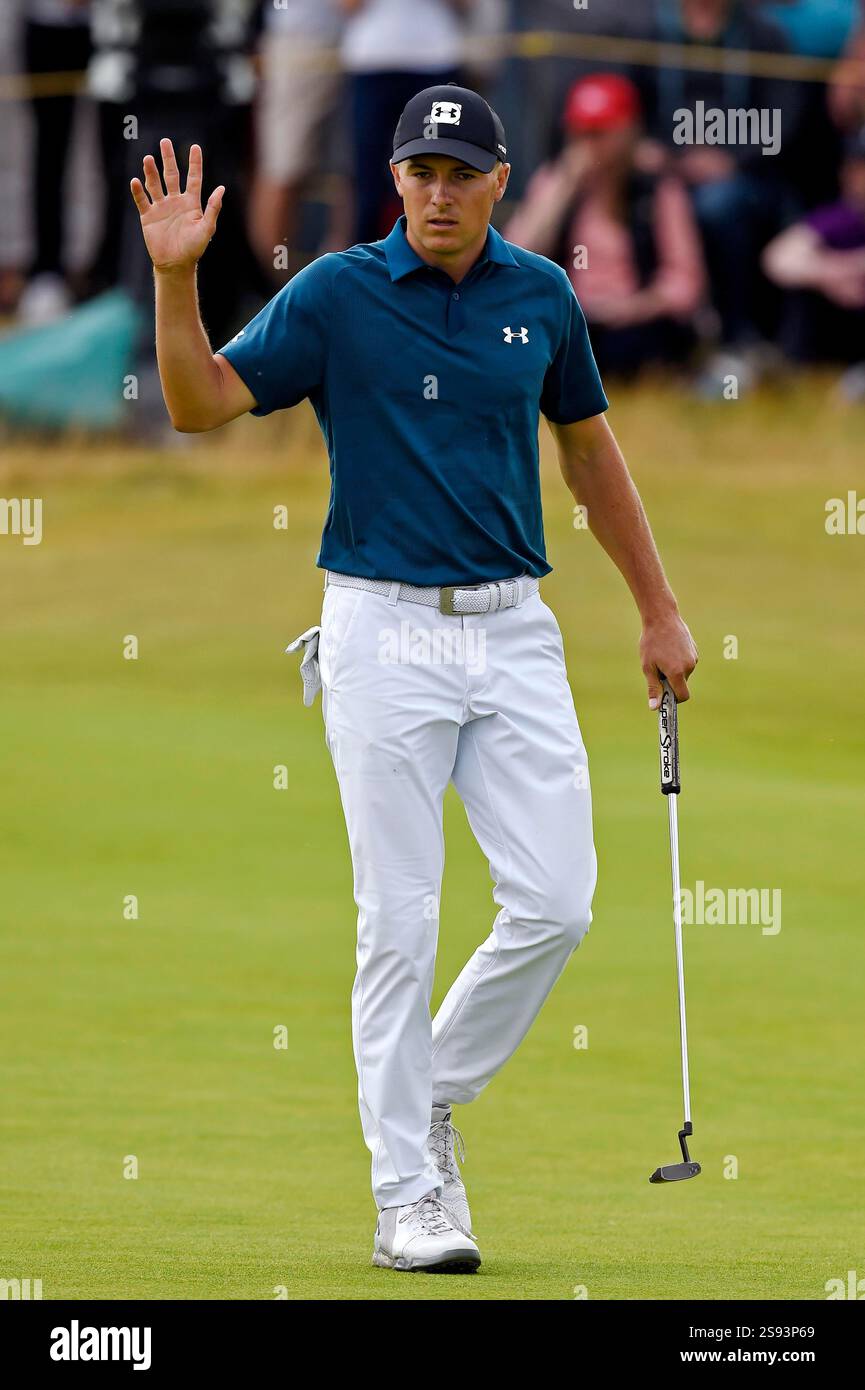 Jul 21, 2018; Carnoustie, Scotland; Jordan Spieth waves to the gallery ...