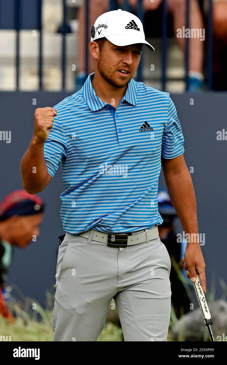Jul 21, 2018; Carnoustie, Scotland; Xander Schauffele reacts to his ...