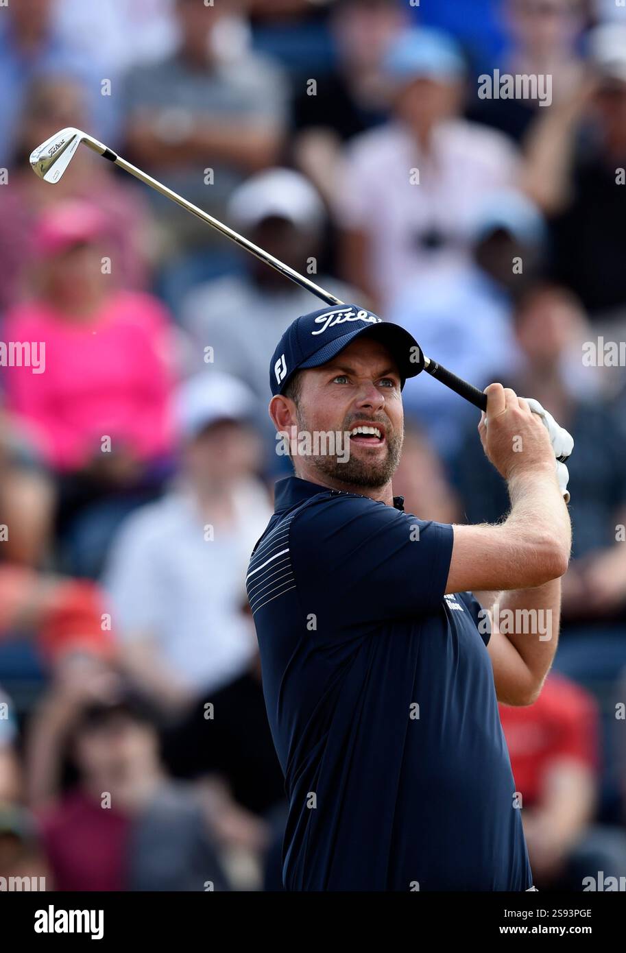 Jul 22, 2018; Carnoustie, Angus, Scotland; Webb Simpson plays his shot ...