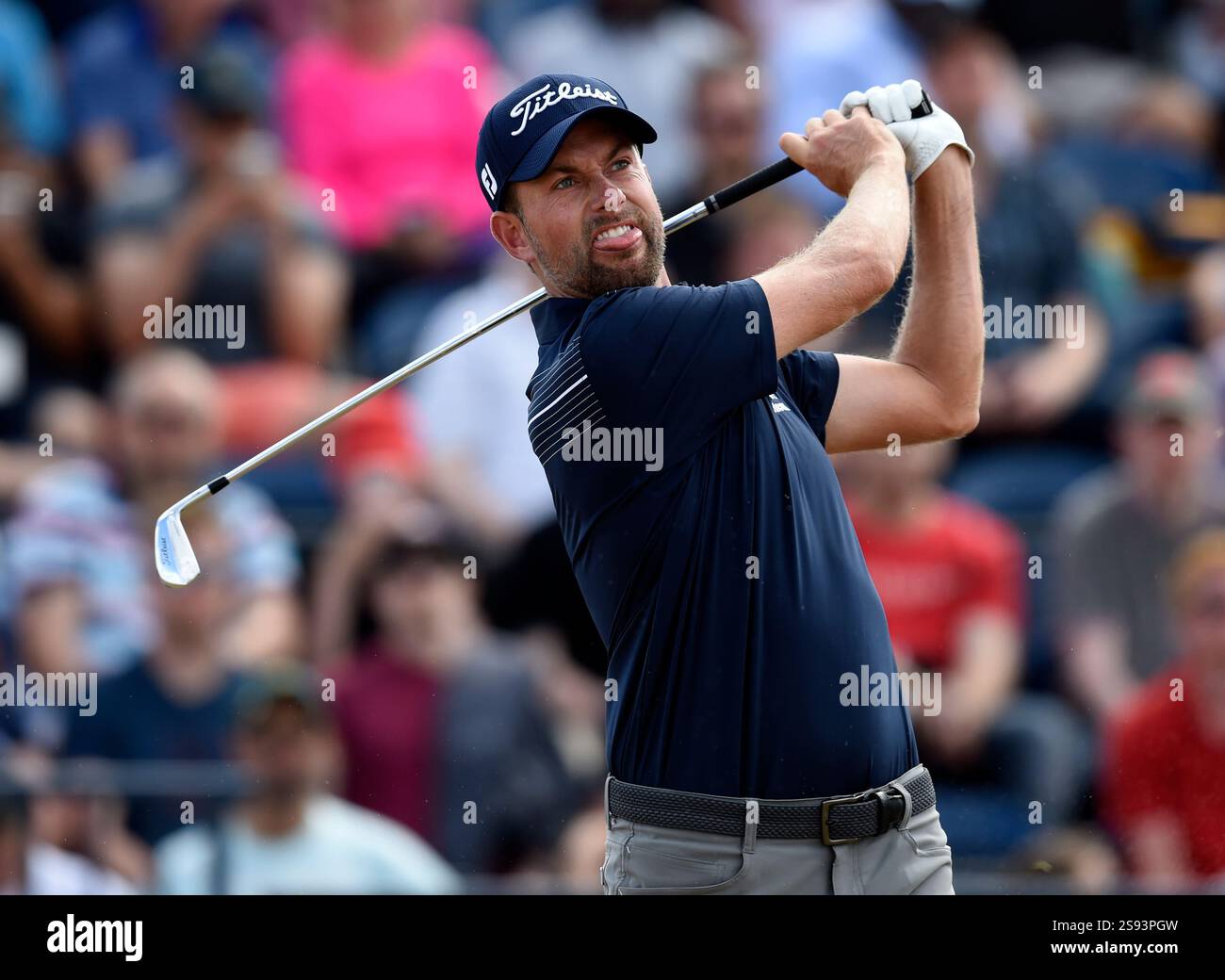 Jul 22, 2018; Carnoustie, Angus, Scotland; Webb Simpson plays his shot ...