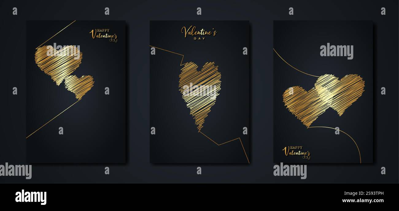 Valentines day set black card. Gold hand drawn hearts. Golden scribble ...