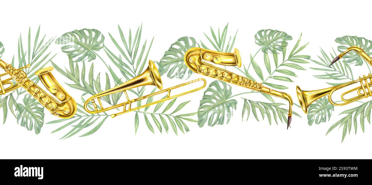 Watercolor shiny musical wind instruments with tropical green leaves ...