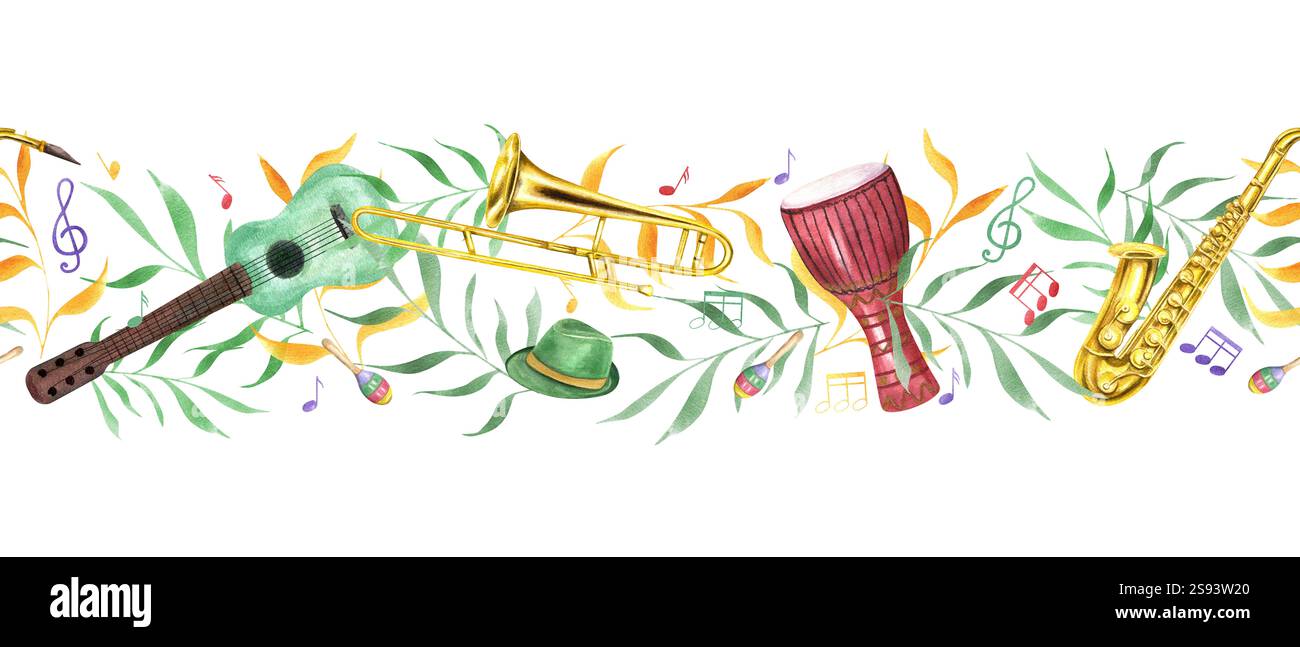 Watercolor six string guitar, djembe drum, trombone, hats, maracas ...