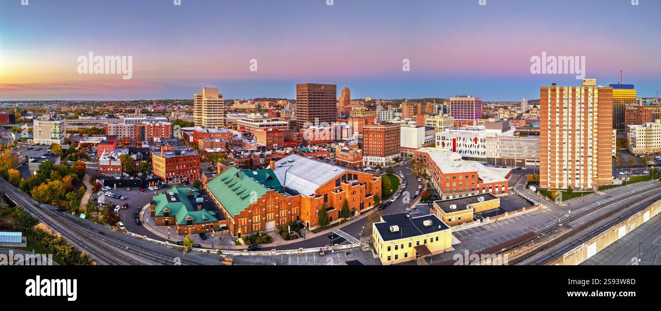 Rochester, New York, USA cityscape on the Genesee River and High Falls ...