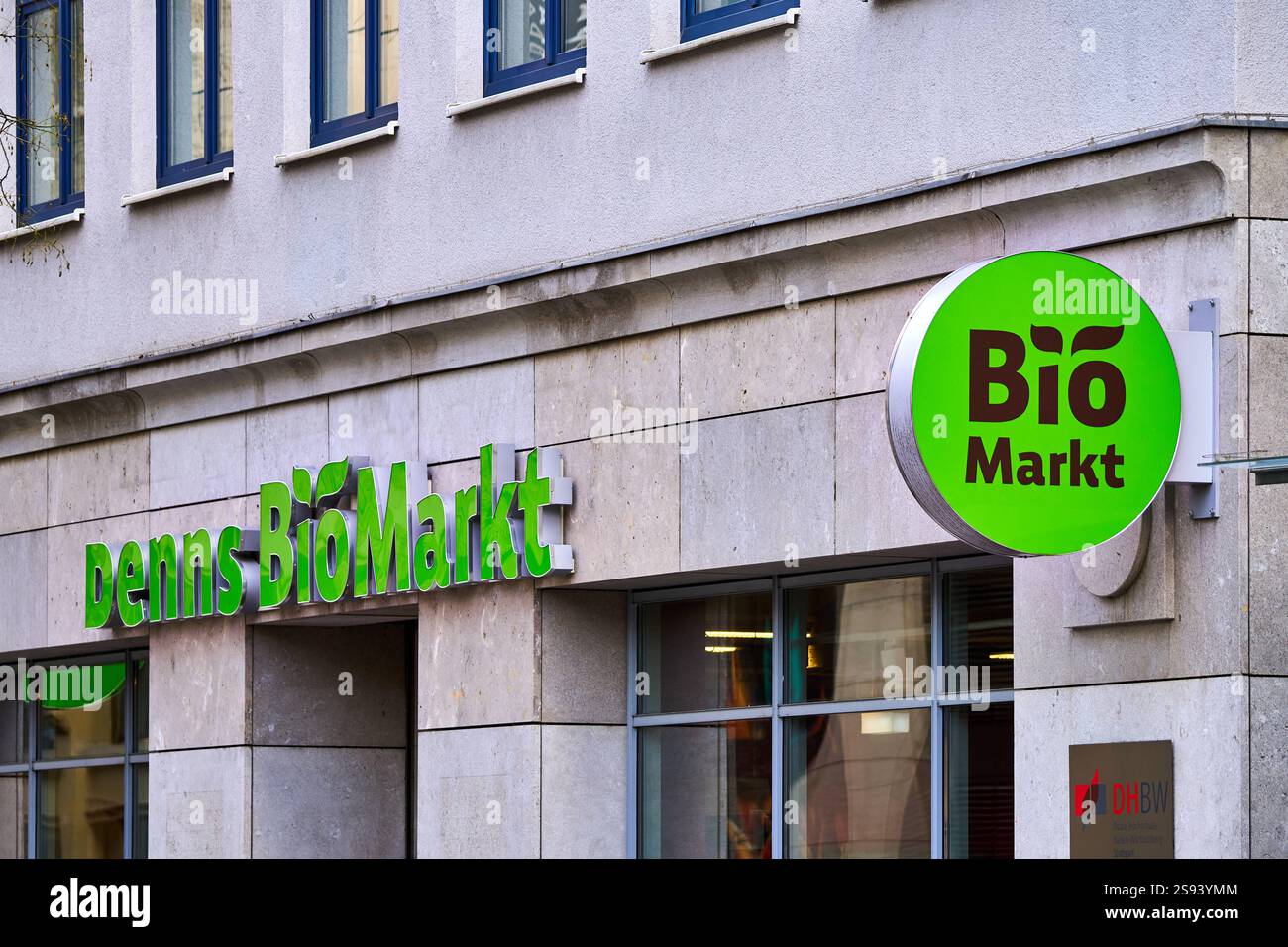 Stuttgart, Baden-Württemberg, Germany - January 23, 2025: Logo from Denns BioMarkt above a store ...