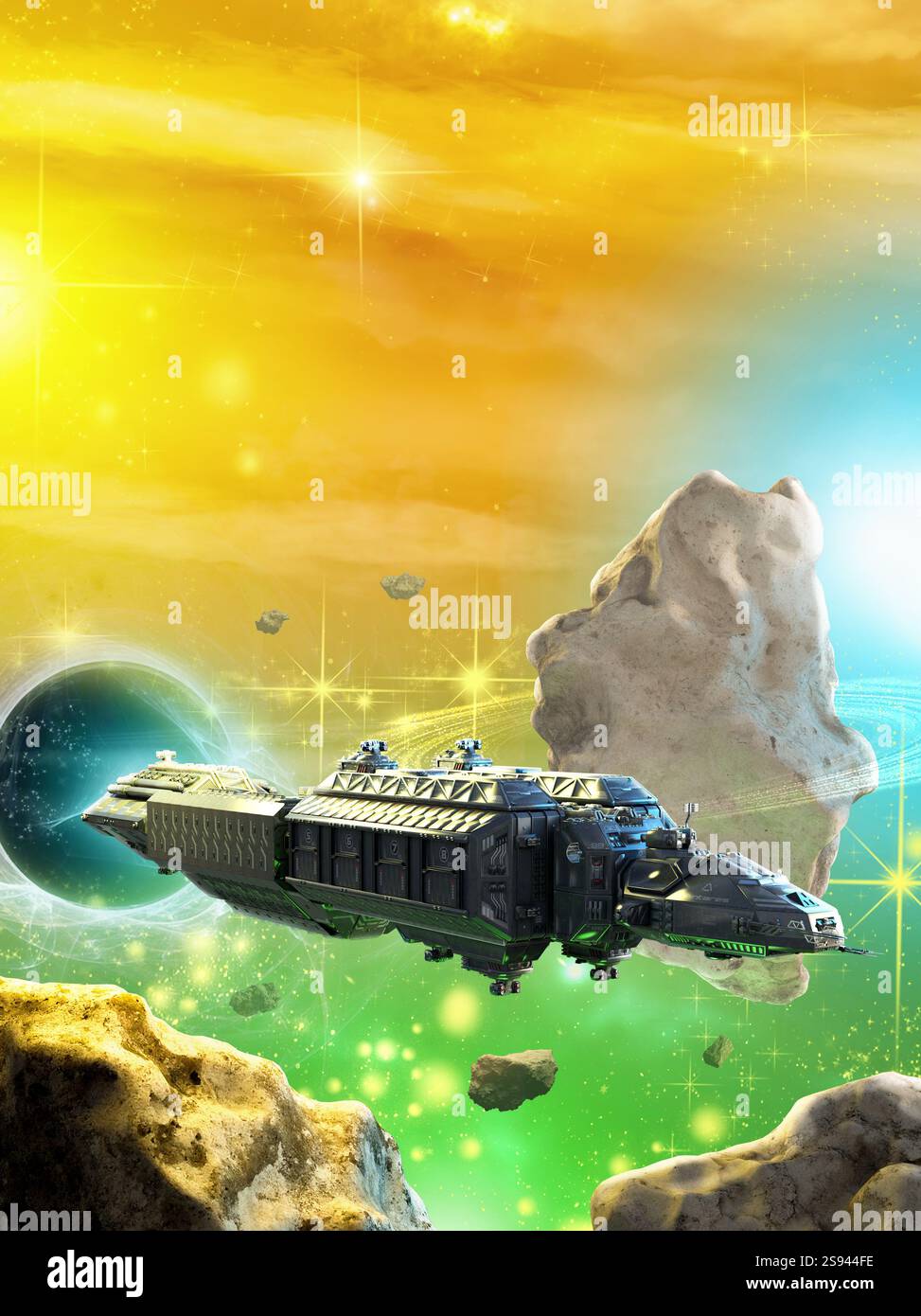 A giant spaceship coming out of a collapsar jump portal into an ...