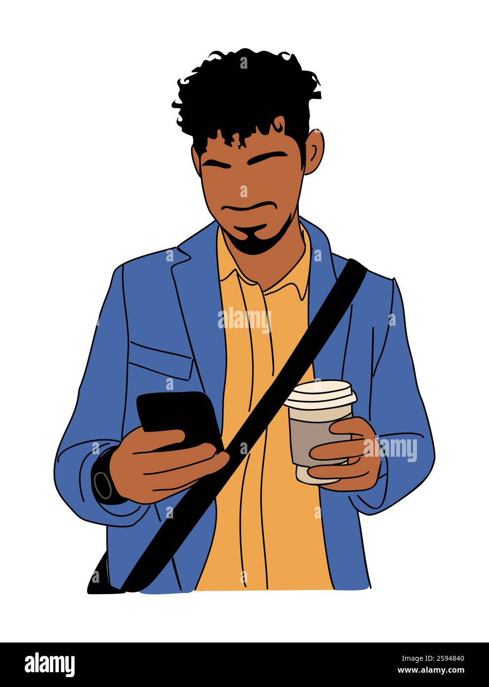 A man in a blue jacket is holding a cell phone Stock Vector Image & Art - Alamy