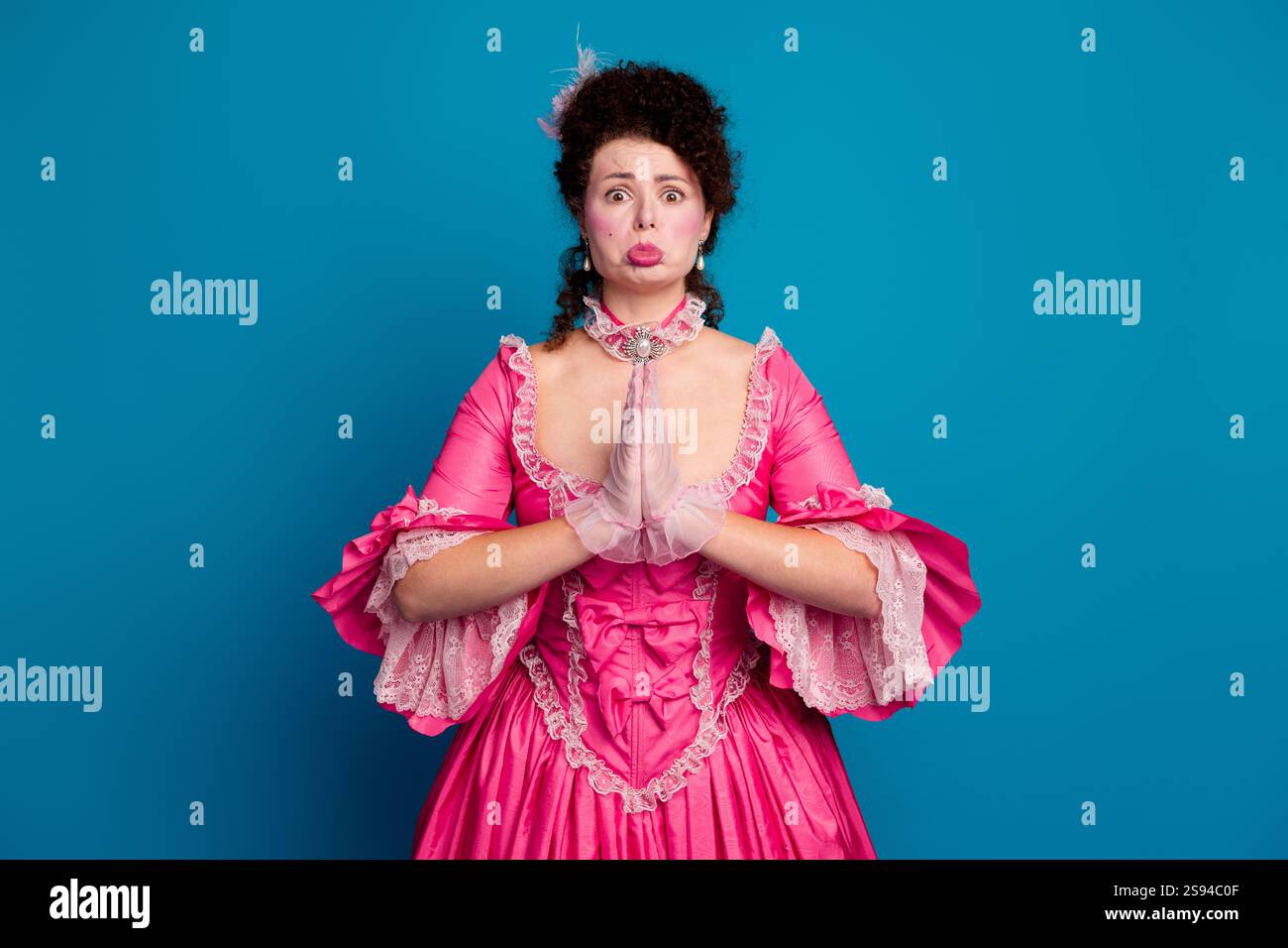 Photo of funny attractive lady dressed baroque costume begging you copy ...