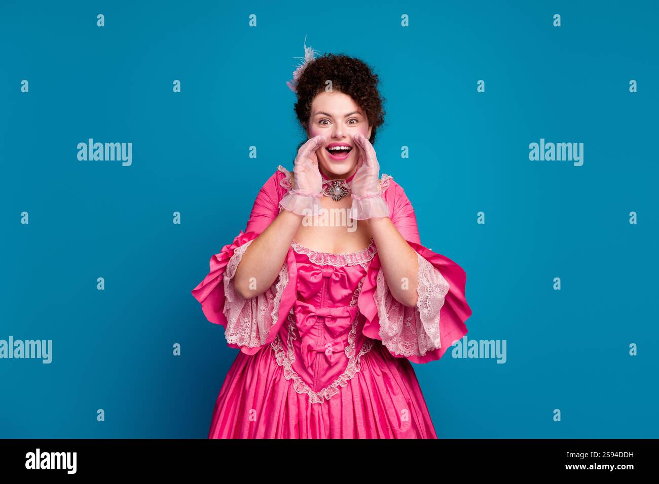 Photo of gorgeous pretty lady dressed pompous rococo costume screaming ...