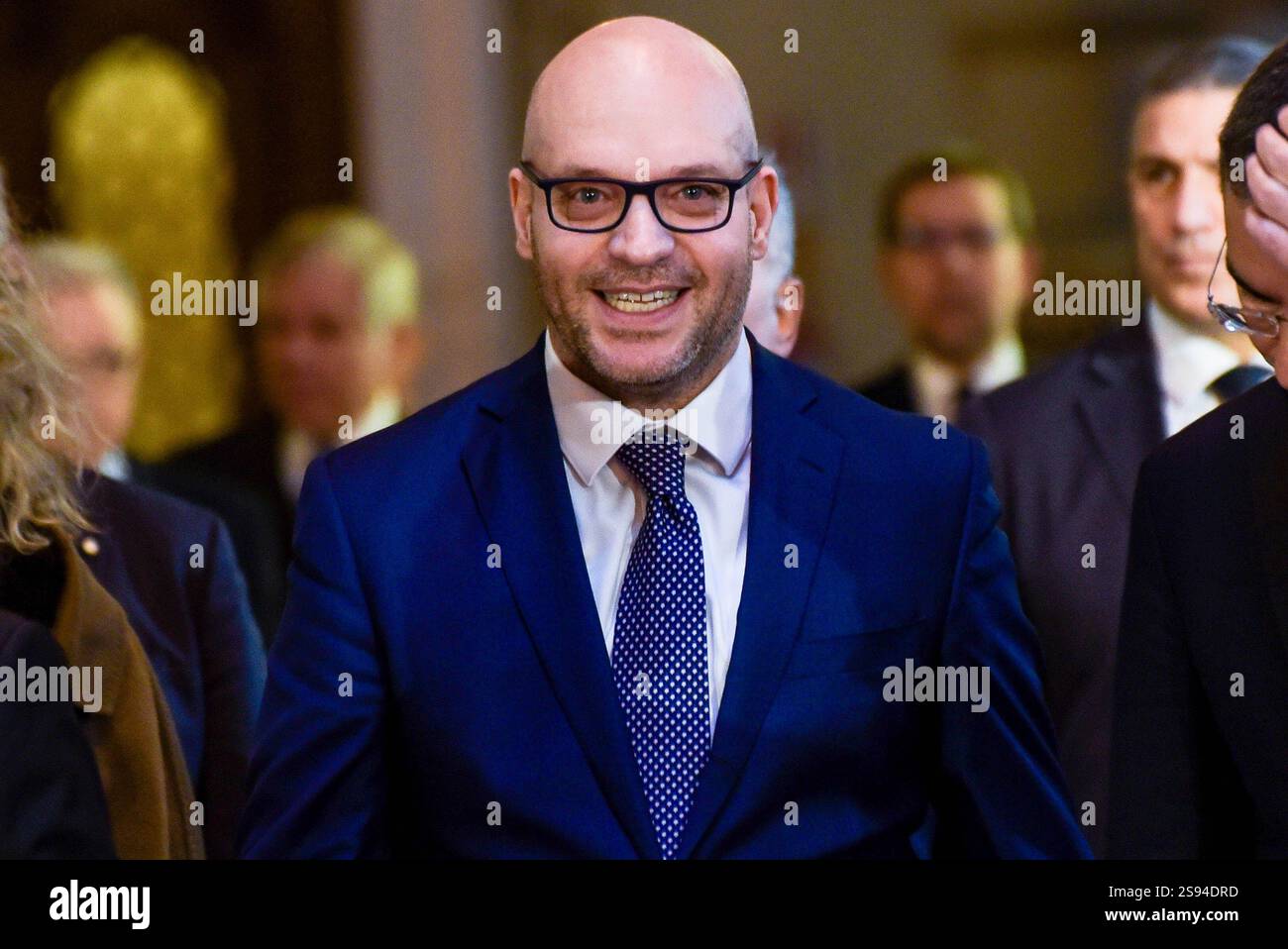 The President of the Chamber of Deputies, Lorenzo Fontana (C), seen ...