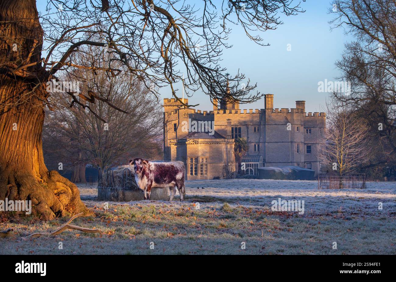 Rousham House west elevation and meadows on frosty winter, Oxfordshire ...