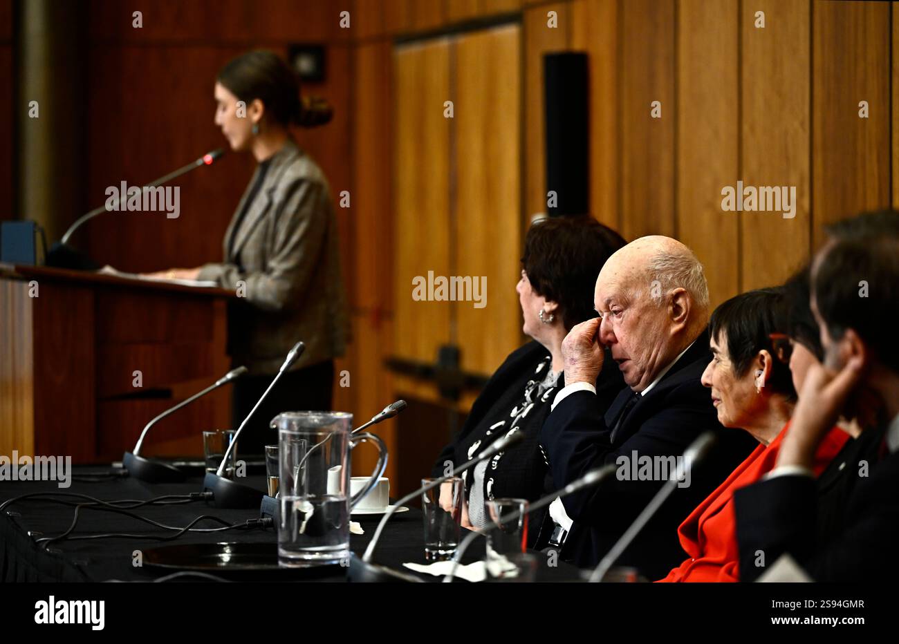 David Moscovic, a Holocaust and Auschwitz Survivor, wipes his eye as he ...