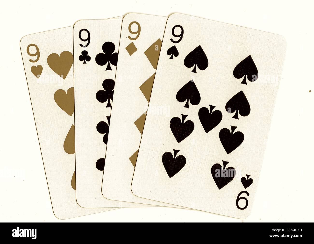 Vintage playing cards showing four of the same value in sepia isolated ...
