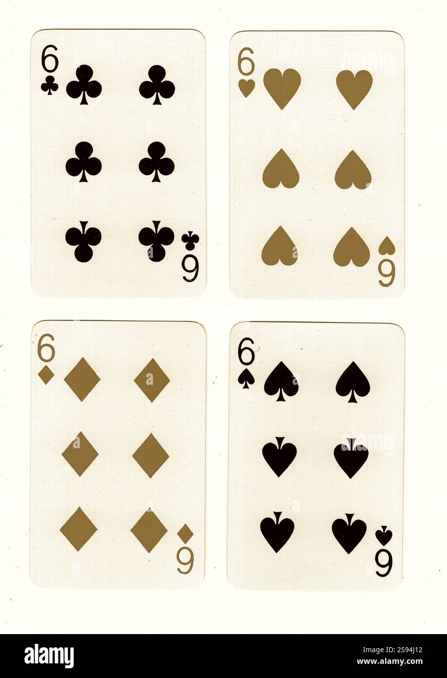 Vintage playing cards showing four of the same value in sepia isolated ...