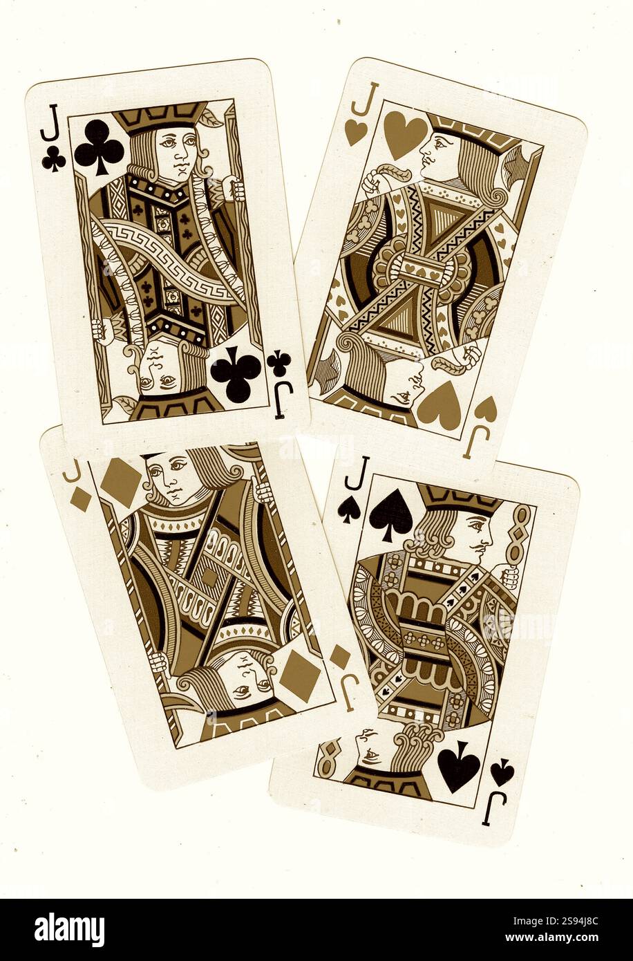 Vintage playing cards showing four of the same value in sepia isolated ...