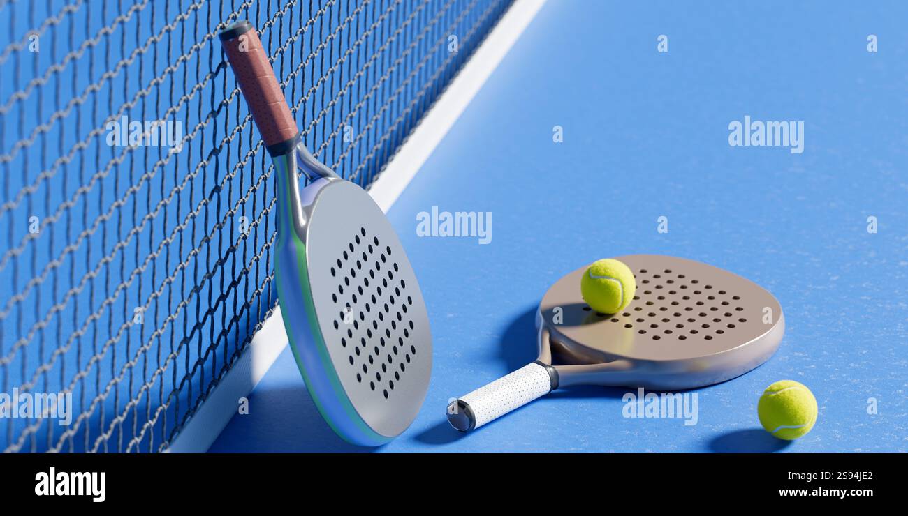 Tennis paddles and balls resting on a court, ready for a game. 3d ...